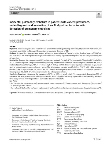 Pdf Incidental Pulmonary Embolism In Patients With Cancer Prevalence