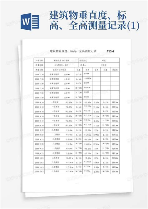 建筑物垂直度、标高、全高测量记录 1 Word模板下载 编号qjojjwmd 熊猫办公