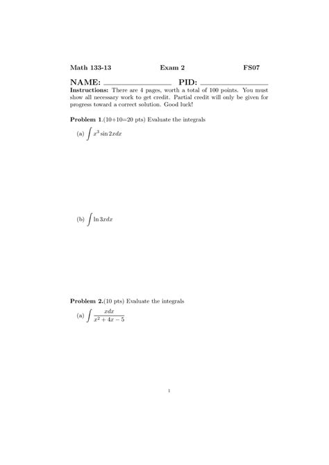 Exam 2 Questions Calculus Ii Mth 133 Docsity