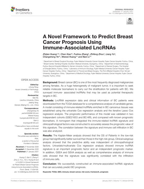 Pdf A Novel Framework To Predict Breast Cancer Prognosis Using Immune Associated Lncrnas
