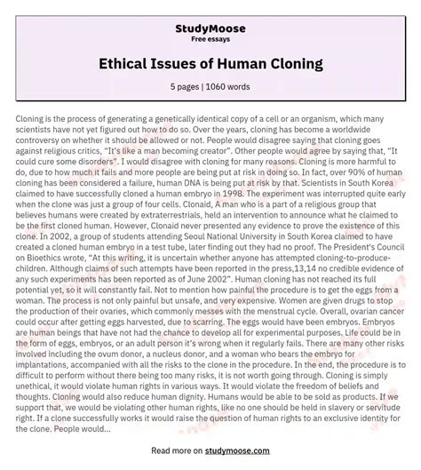 Ethical Issues Of Human Cloning Free Essay Example