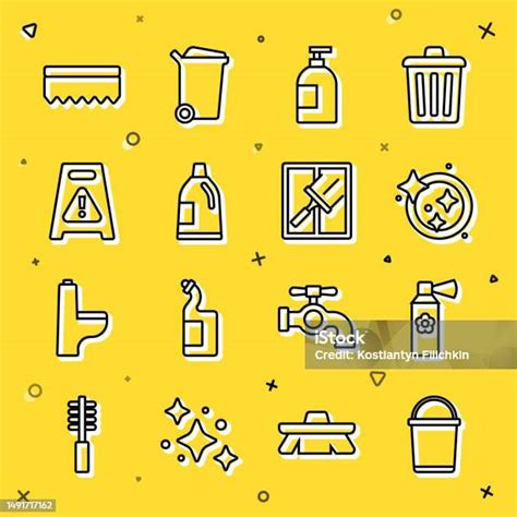 세트 라인 버킷 공기 청정제 스프레이 병 설거지 식기 세척액 세척제 병 젖은 바닥 스폰지 및 고무 클리너 창 아이콘 벡터 가정 생활에 대한 스톡 벡터 아트 및 기타 이미지