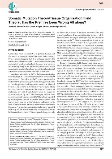 Pdf Somatic Mutation Theorytissue Organization Field Theory Has The