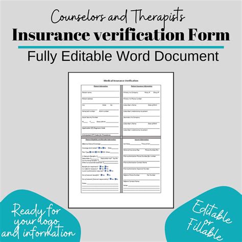 Insurance Verification Form Editable Templates Psychotherapy Private Practice Counseling