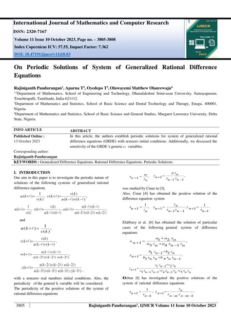 Pdf On Periodic Solutions Of System Of Generalized Rational Difference Equations