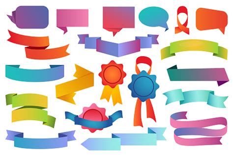 리본과 배지는 평면 디자인의 그래픽 요소를 설정합니다 다른 다채로운 만화 소용돌이와 곡선 배너 메달 및 가격표 빈 메시지 거품의 번들 벡터 그림 격리 된 개체 0명에 대한