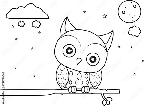 Cute Owl In The Bunch With Moon In Background Coloring Page Vector Illustration Stock Vector