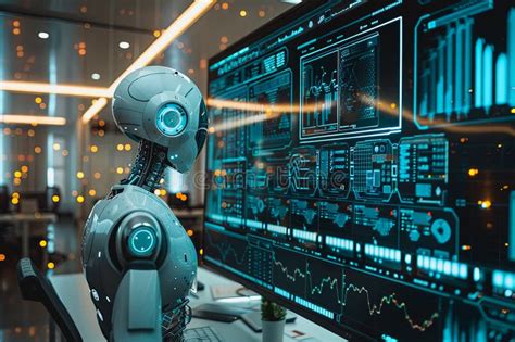 Ai Robots With Screens Displaying Real Time Data Analysis And Learning Big Data In The World