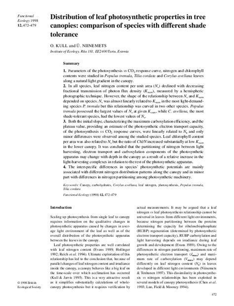 Pdf Distribution Of Leaf Photosynthetic Properties In Tree Canopies