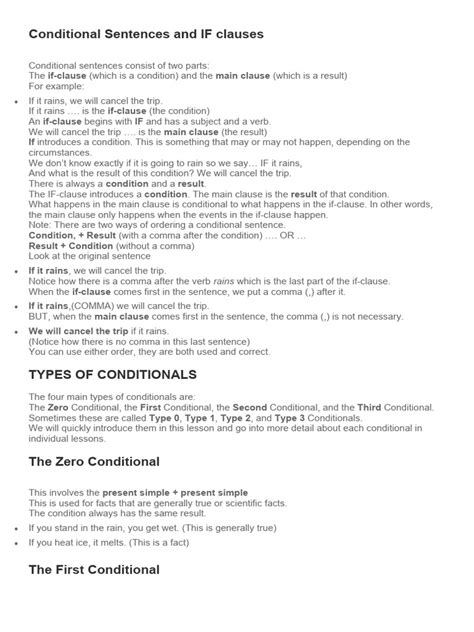 Conditional Sentences And If Clauses The Four Types Pdf Comma Sentence Linguistics
