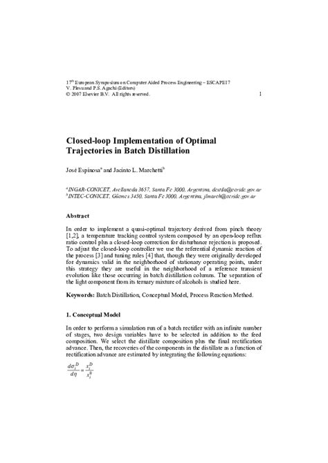 Pdf Closed Loop Implementation Of Optimal Trajectories In Batch Distillation