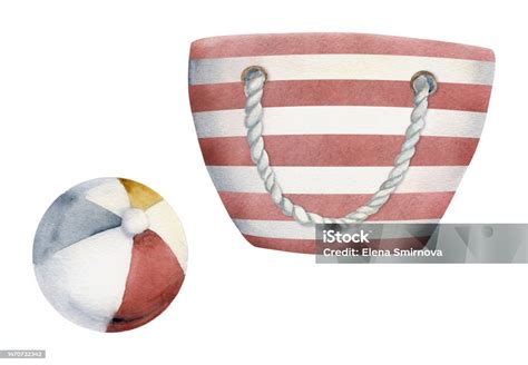 손으로 그린 수채화 요소 액세서리 화려한 공과 줄무늬 비치 캔버스 가방 흰색 배경에 격리 디자인 벽 예술 결혼식 인쇄 직물 표지