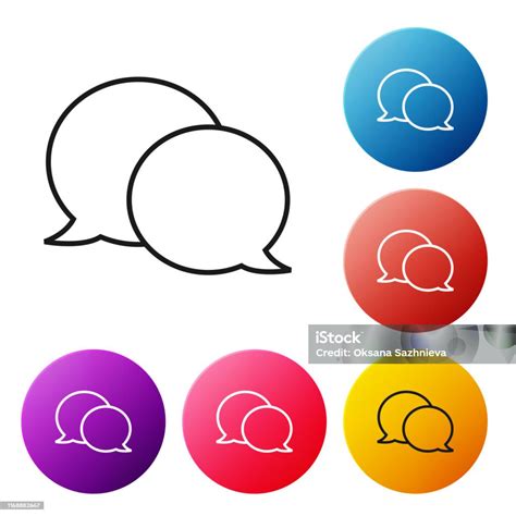 흰색 배경에 격리 된 검은 선 음성 거품 채팅 아이콘입니다 메시지 아이콘입니다 통신 또는 댓글 채팅 기호입니다 아이콘 다채로운 원 버튼을 설정합니다 벡터 일러스트레이션 0