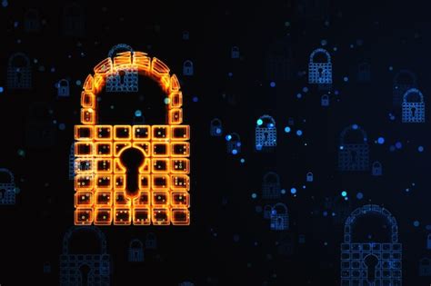 추상 어두운 기술 배경 3d 렌더링에 열쇠 구멍 기호가 있는 디지털 빛나는 잠금 장치가 있는 인터넷 보안 및 데이터 보호 개념