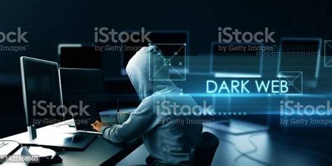 Abstract Dark Web Text Over Side View Of Hacker At Desk Using Computers