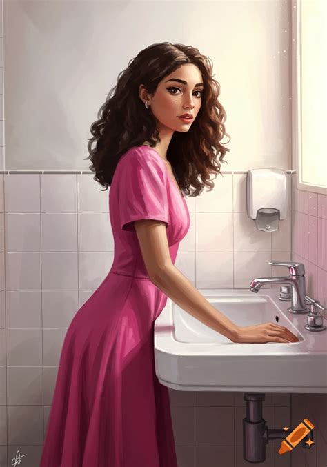 Painting Of A Woman In A Pink Dress Standing By A Bathroom Sink On Craiyon