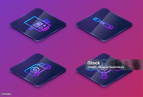 아이소 메트릭 라인 가스 보일러 배관공 서비스 차량 스크루 드라이버 및 수도꼭지를 설정합니다 파란색 사각형 버튼입니다 벡터 3차원 형태에 대한 스톡 벡터 아트 및 기타