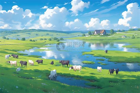 草原牛羊吃草天然牧场插画图片下载 正版图片402499588 摄图网