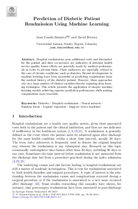 Pdf Prediction Of Diabetic Patient Readmission Using Machine Learning
