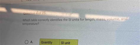 Solved Question 4 Of 25 Which Table Correctly Identifies The Si Units