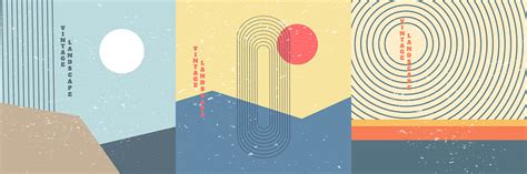 벡터 그림입니다 중반 세기 현대 그래픽 70 년대 복고풍 펑키 그래픽 그런지 텍스처 미니멀 한 풍경 세트 추상 적인 모양입니다