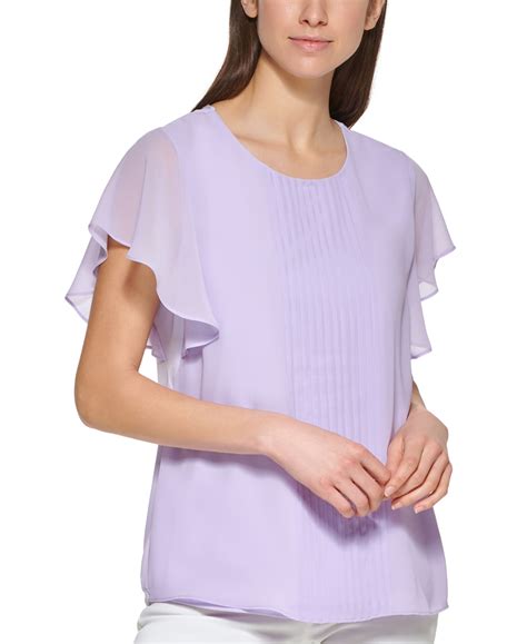 Calvin Klein Plus Size Flutter Sleeve Pintucked Top In Opal Modesens