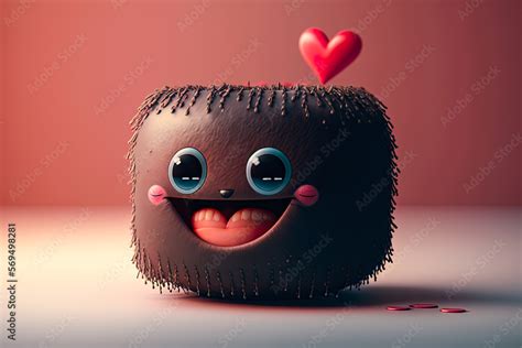 Coockie Monster Valentines Day 3d Character In Cute Kawaii Style Heart Open Mouth Stock