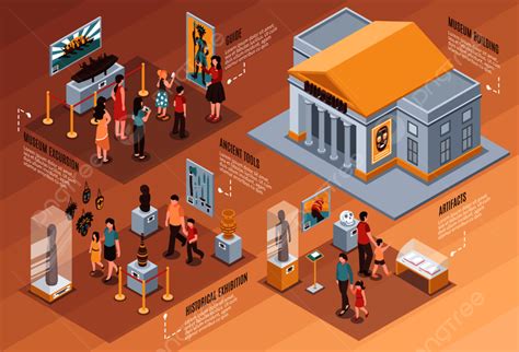 museum isometric infographics with information about artifacts historical illustration