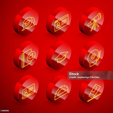 말풍선 온라인 수업 망원경 오디오 북 울리는 알람 벨 및 각도기 그리드 아이콘에 줄 눈금 캡을 설정합니다 벡터 3차원 형태에 대한 스톡 벡터 아트 및 기타 이미지 Istock