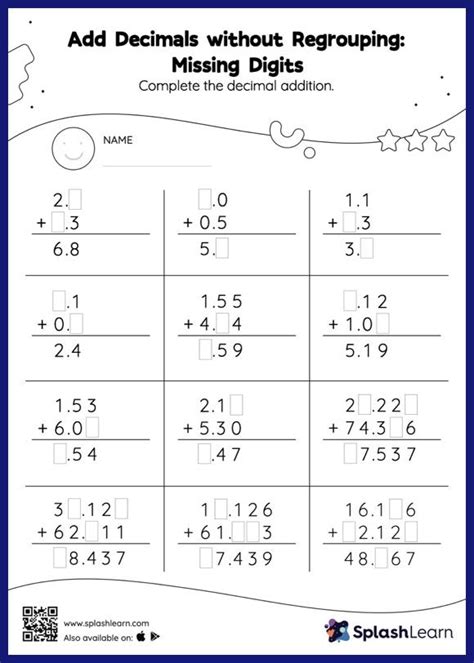 Add Decimals Without Regrouping Missing Digits Math Worksheets