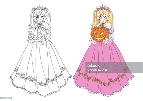 호박을 들고 귀여운 애니메이션 공주 손으로 그린 벡터 일러스트 레이 션은 색칠 공부를위한 것입니다 만화 스타일에 대한 스톡 벡터 아트 및 기타 이미지 Istock