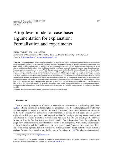 PDF A Top Level Model Of Case Based Argumentation For Explanation Formalisation And Experiments