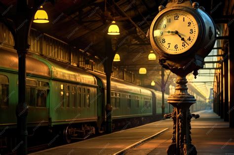 Premium Ai Image Vintage Train Station Clock In Dim Light Created