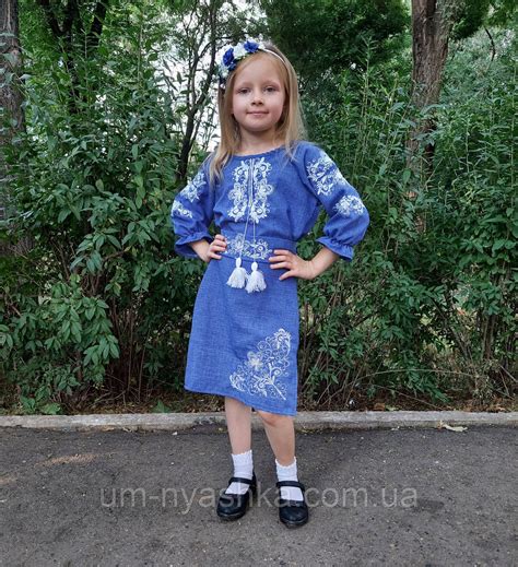 Детское платье-вышиванка вышитое платье "Джинсовая нежность" на рост ...
