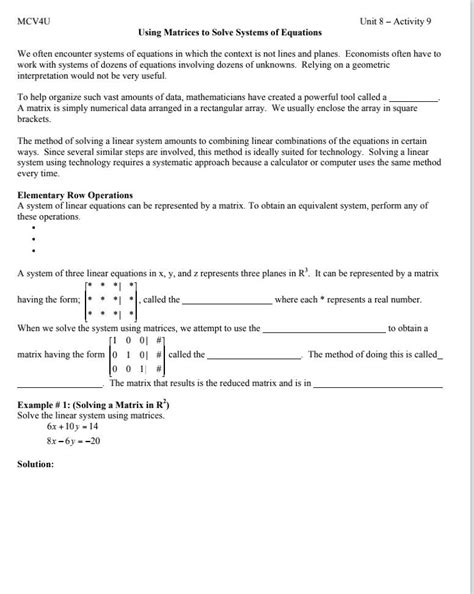 solved mcv4u unit 8 activity 9 using matrices to solve