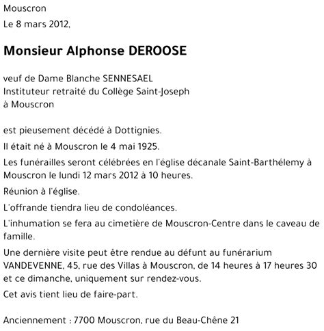 Avis De Décès De Alphonse Deroose Décédé Le 08 03 2012 à Dottenijs