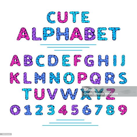 흰색 배경에 고립 된 귀여운 다채로운 영어 알파벳 A에서 Z와 숫자로 재미있는 편지 글꼴 및 기호 Abc 스크랩 예약 학교 프로젝트 포스터 섬유 벡터 그림입니다 개체 그룹에