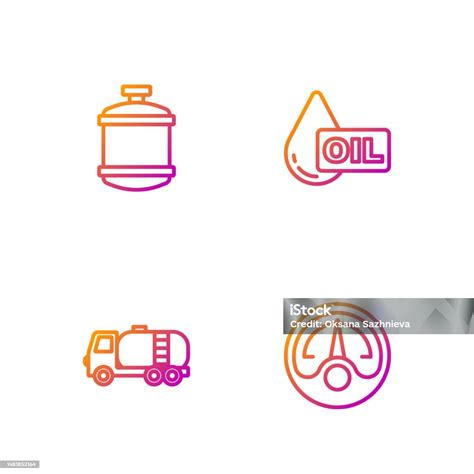 세트 라인 모터 가스 게이지 탱커 트럭 프로판 탱크 및 오일 드롭 그라데이션 색상 아이콘 벡터 가득 찬에 대한 스톡 벡터 아트