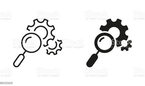 기어 라인과 실루엣 아이콘 세트가 있는 돋보기 검색 서비스 및 컨트롤 블랙 사인 공장 메커니즘 톱니바퀴 기호 컬렉션의 유지 관리 격리된 벡터 그림 돋보기 광학 기기에 대한