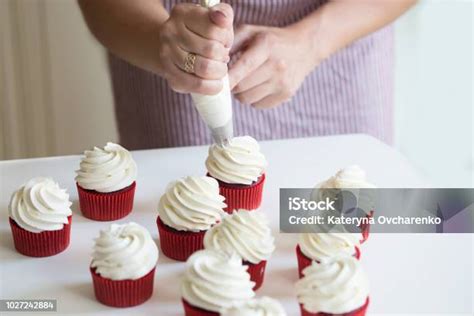 어린 소녀는 컵 케이크를 준비합니다 과자 가방 컵 케이크에 크림을 짜 내는 요리사의 손을 닫습니다 가정 요리의 개념 가정 주방에