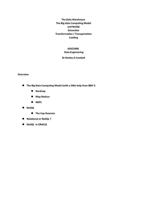 Nosql Lecture Notes 3 The Data Warehouse The Big Data Computing