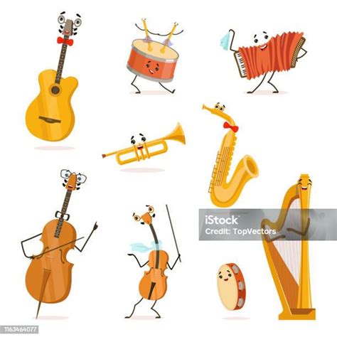 재미있는 악기 만화 캐릭터와 재미 얼굴 세트 첼로 색소폰 트럼펫 아코디언 기타 탬버린 바이올린 드럼 하프 바이올론첼로 벡터 일러스트 기타 현악기에 대한 스톡 벡터 아트 및