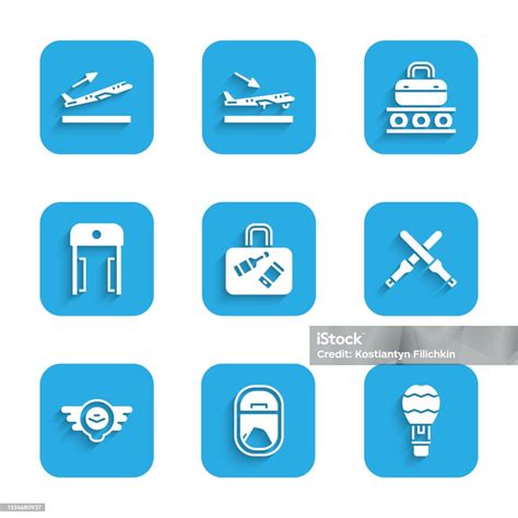 세트 가방 비행기 창 열기구 마샬링 지팡이 항공 엠블럼 금속 탐지기 공항 가방 및 비행기 이륙 아이콘이있는 컨베이어 벨트 벡터 공항에 대한 스톡 벡터 아트 및 기타 이미지