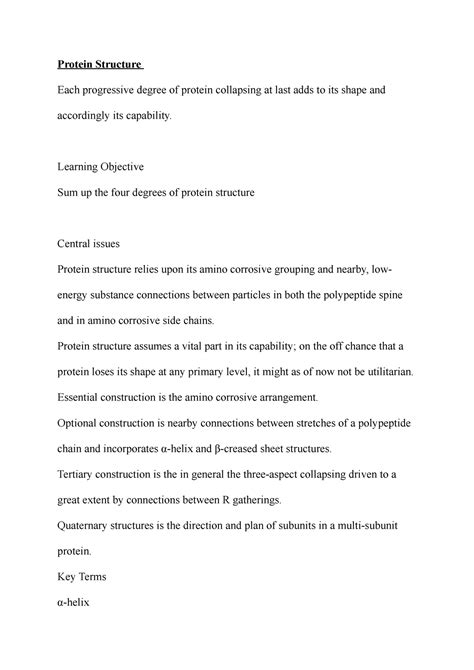 Lecture Notes Protein Structure Protein Structure Each Progressive