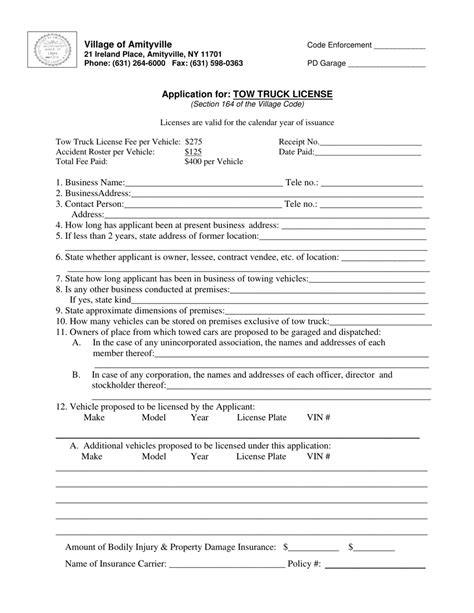 Village Of Amityville New York Application For Tow Truck License