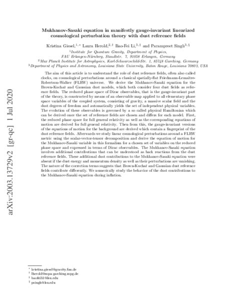 Pdf Mukhanov Sasaki Equation In Manifestly Gauge Invariant Linearized Cosmological