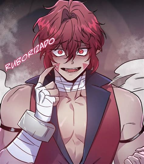 An Anime Character With Red Hair And Angel Wings On His Chest Pointing