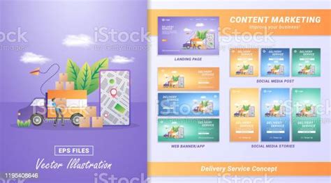 콘텐츠 마케팅 자료 집합입니다 배달 서비스 개념입니다 택배 무료 배송 및 빠른 배달 방문 페이지 소셜 미디어 게시물 및 스토리 웹 배너를 포함 합니다 벡터 일러스트레이션