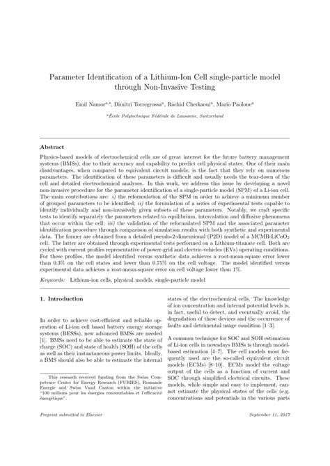 Pdf Parameter Identification Of A Lithium Ion Cell Single Particle Model Through Non Invasive