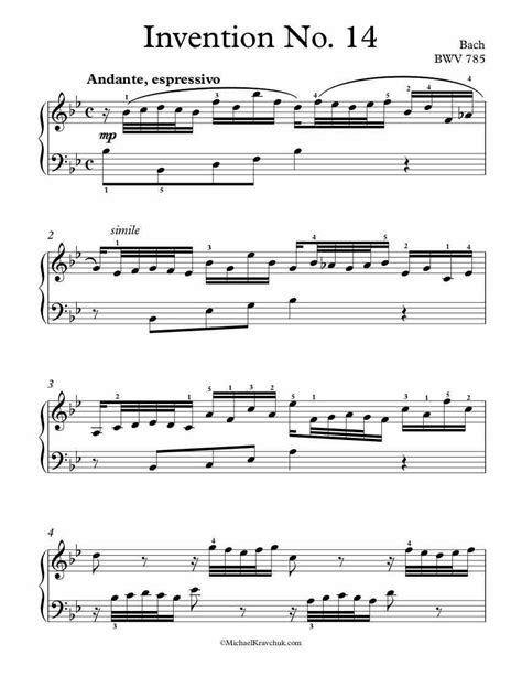 Free Piano Sheet Music Invention No 14 Bwv 785 Bach Michael